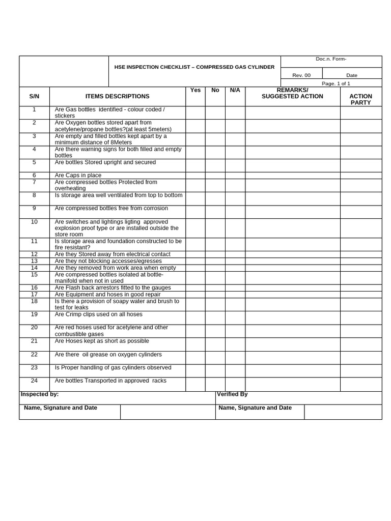 Hse Inspection Checklist Compressed Gas Cylinder | PDF | Gases | Energy ...