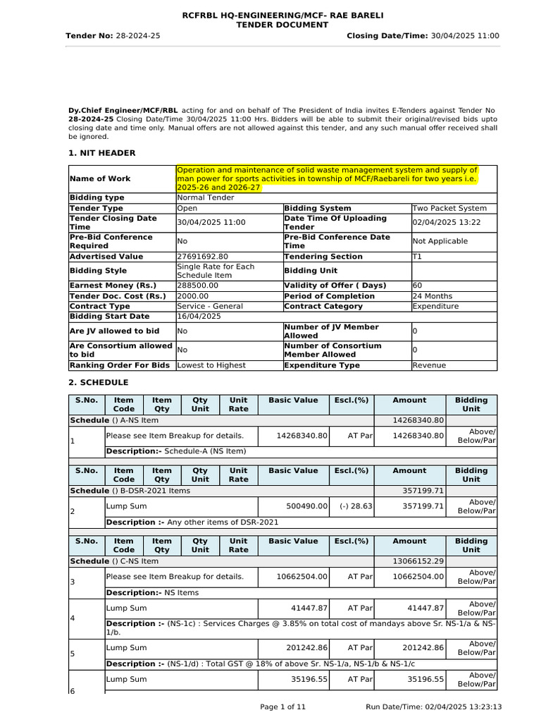 30.04.2025 MCF Raebareli 2.77Cr Operation&maintenance 2year | PDF ...