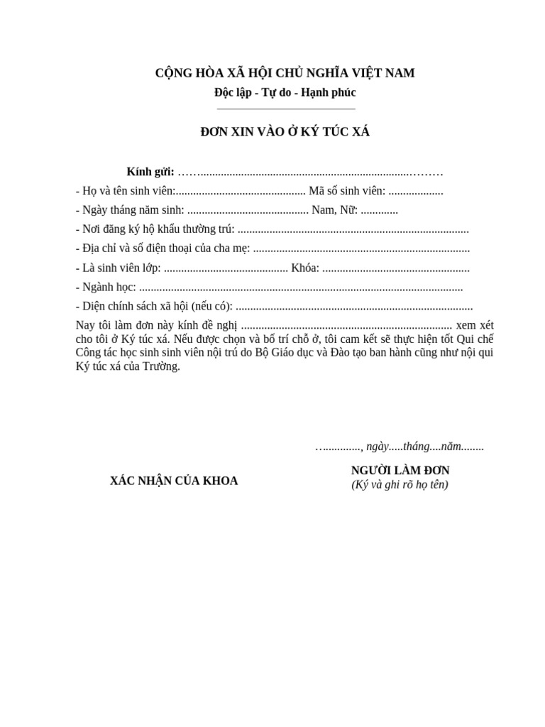 Đơn Đăng Ký KTX | PDF