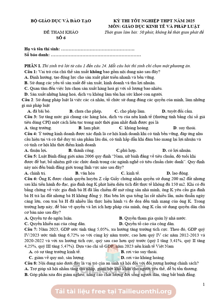 ĐỀ VIP 6 - PHÁT TRIỂN ĐỀ MINH HỌA BGD NĂM 2025 - MÔN GD KT&PT (LH6) .Image - Marked | PDF