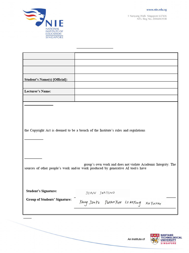 NIE Assignment 5 Cover Sheet - Jan 2025 | PDF | Academic Integrity ...