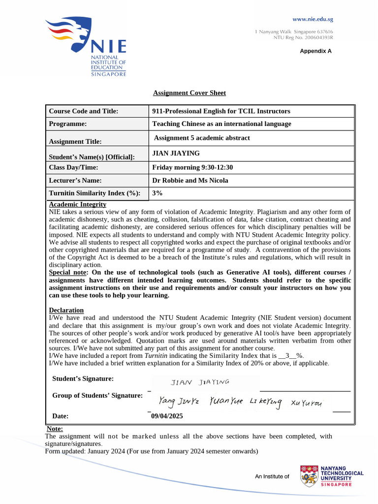 NTU Assignment Cover Sheet Template | PDF | Academic Integrity ...