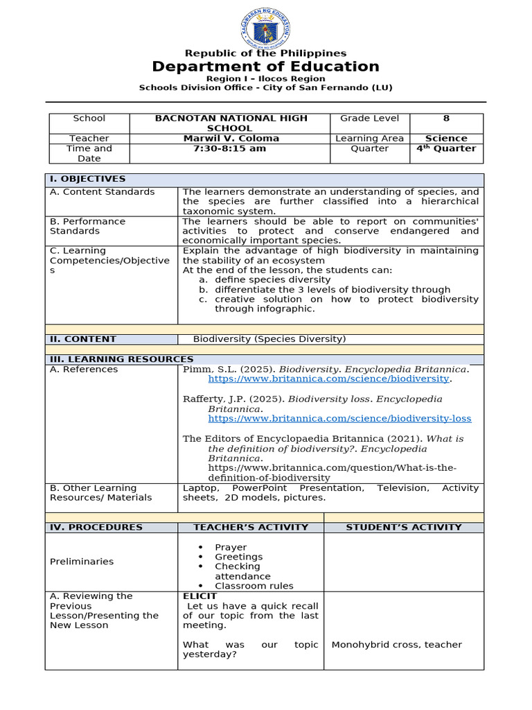 Biodiversity Lesson Plan for Grade 8 | PDF | Dominance (Genetics ...