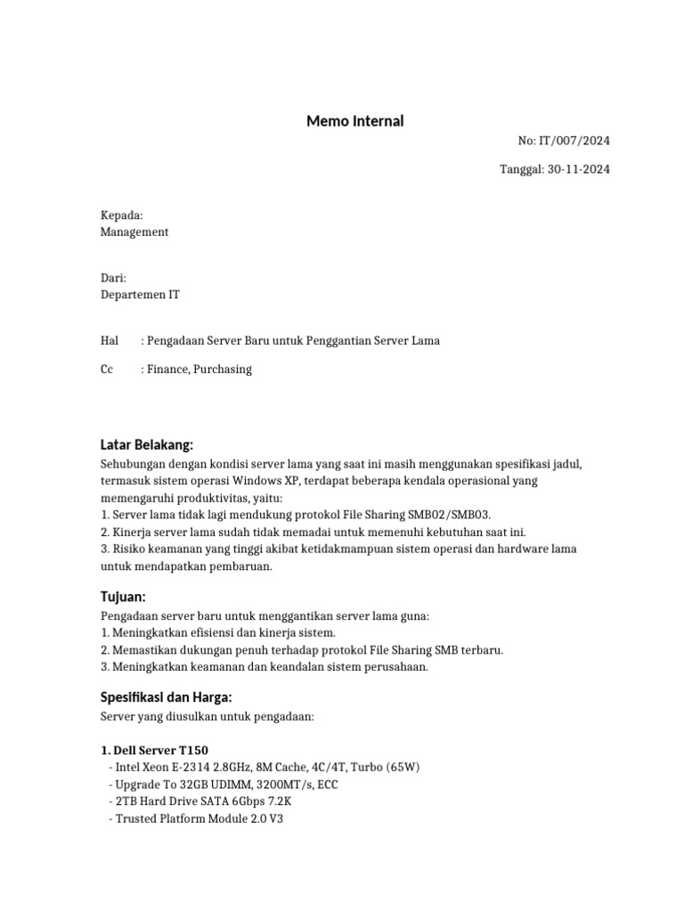 Memo Internal Pengadaan Server | PDF