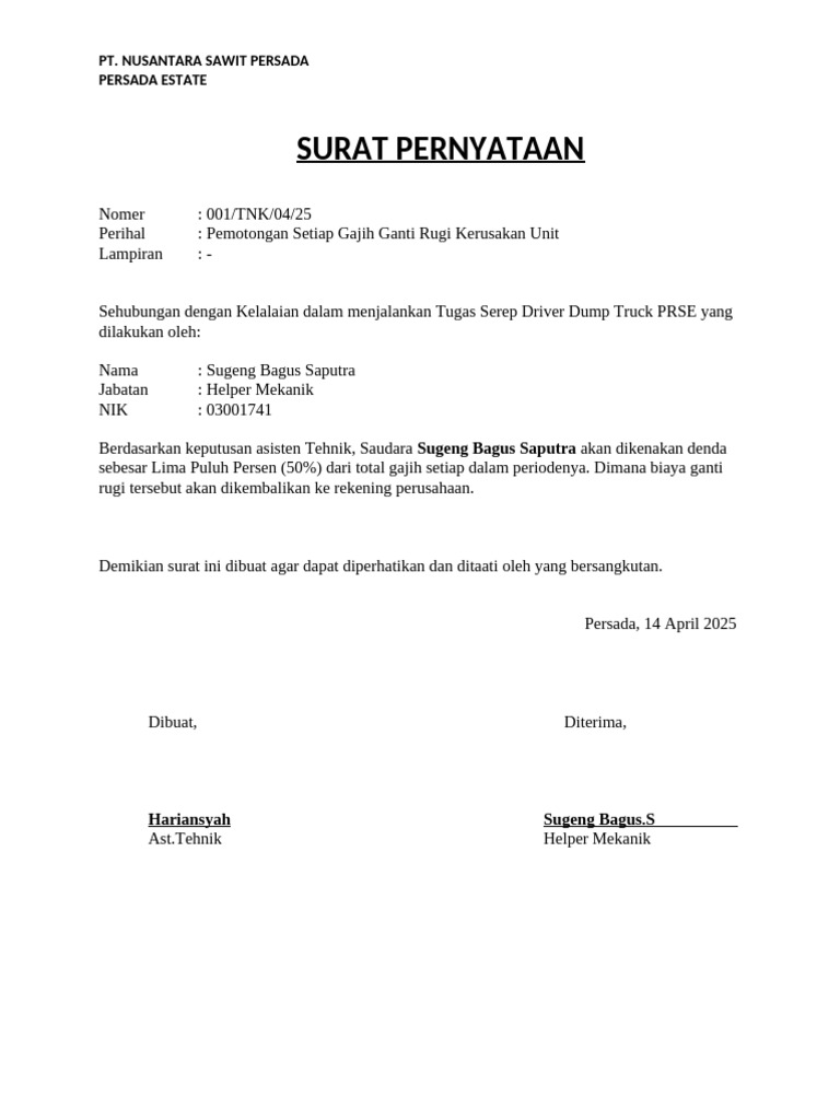 SURAT PERNYATAAN GANTI RUGI | PDF