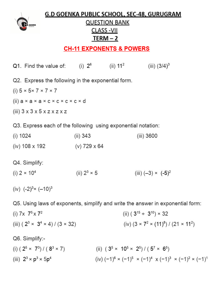 Cl-7 - QB - Exponents and Powers | PDF