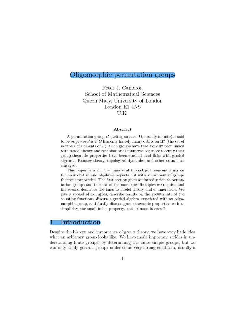 Oligomorphic Permutation Groups P.cameRON | PDF | Model Theory | Group (Mathematics)