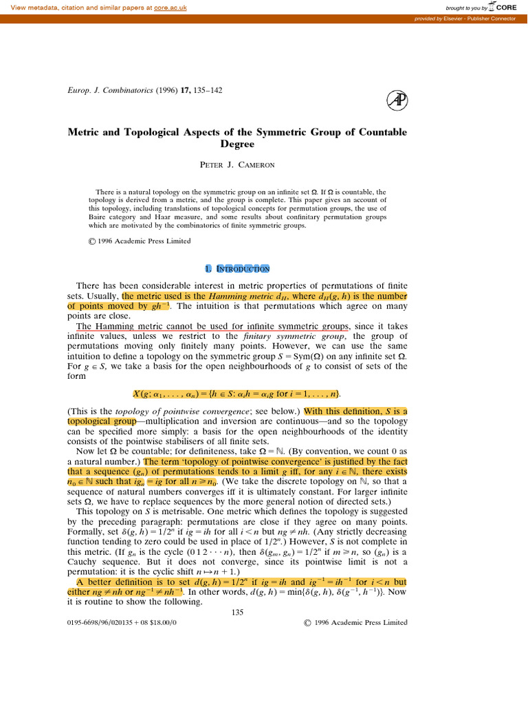 Topology of Countable Symmetric Groups | PDF | Sequence | Group ...