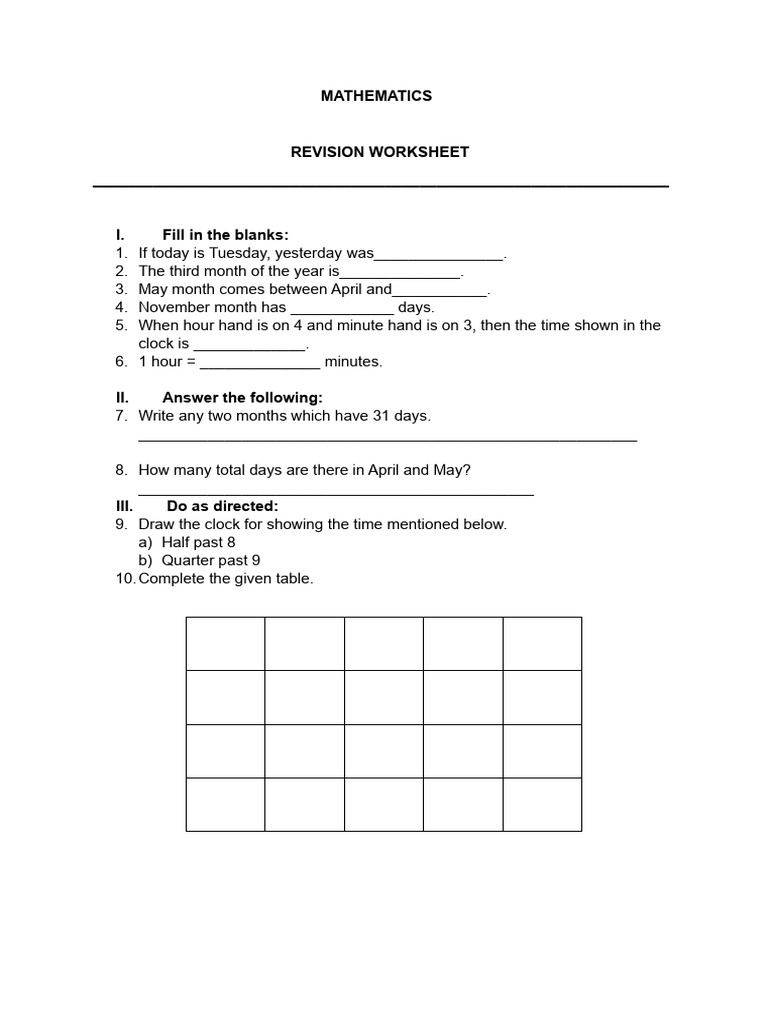 Mathematics Revision Worksheet | PDF