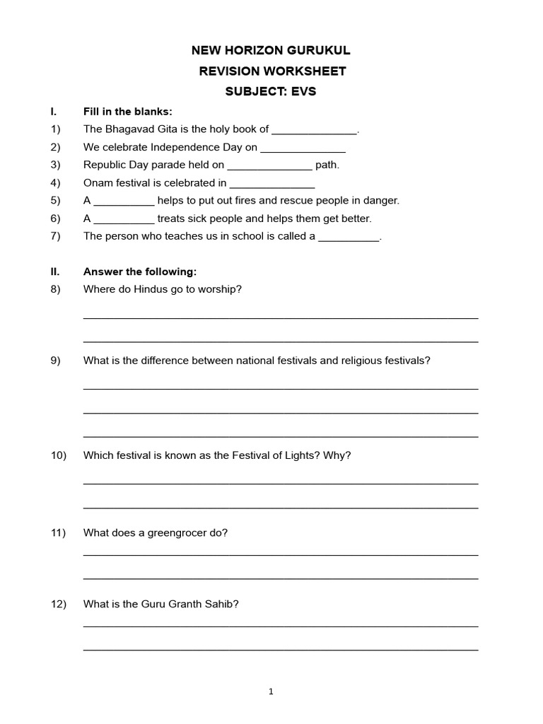 EVS Grade 2 Revision Worksheet October | PDF