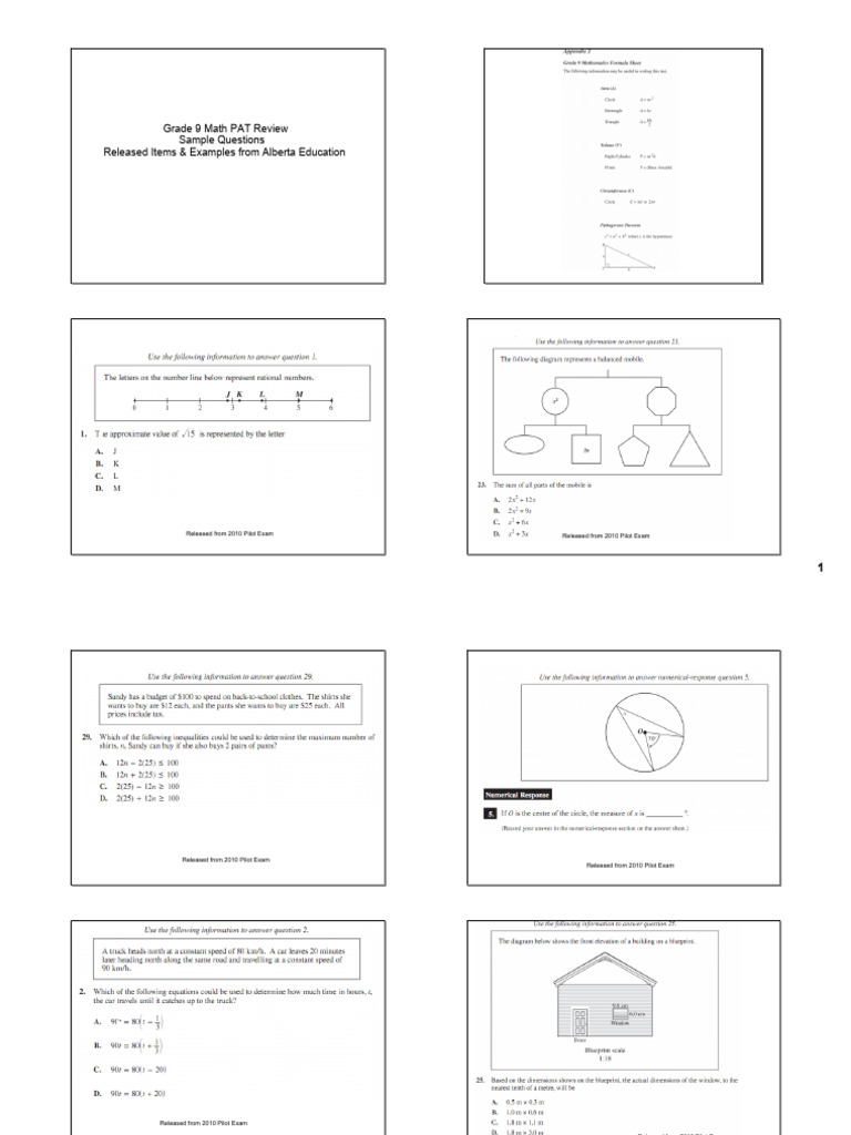 Grade 9 Math PAT Review Questions | PDF