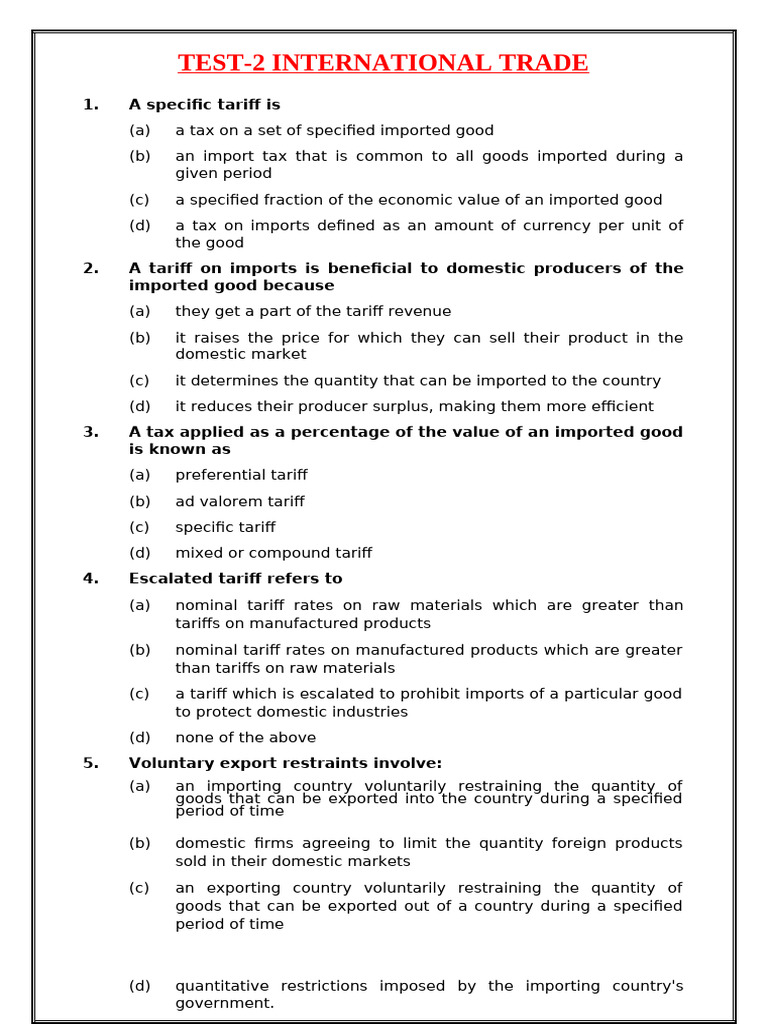 Test-2 International Trade | PDF | Tariff | Non Tariff Barriers To Trade
