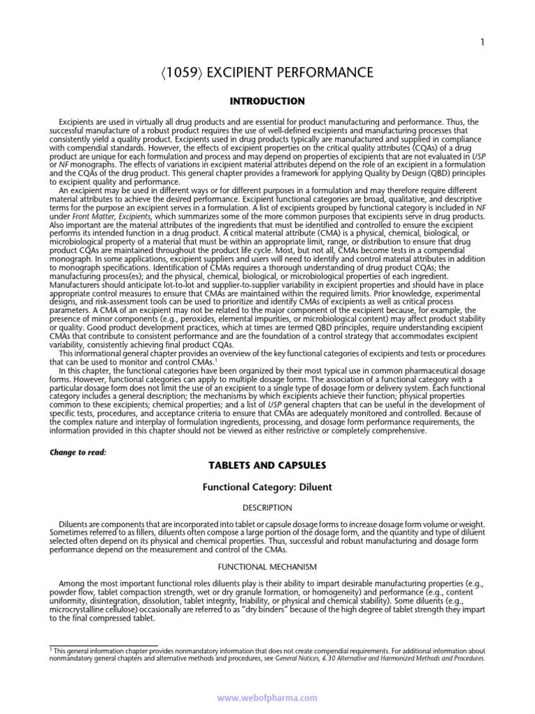 〈1059〉 Excipient Performance | PDF | Tablet (Pharmacy) | Polymers