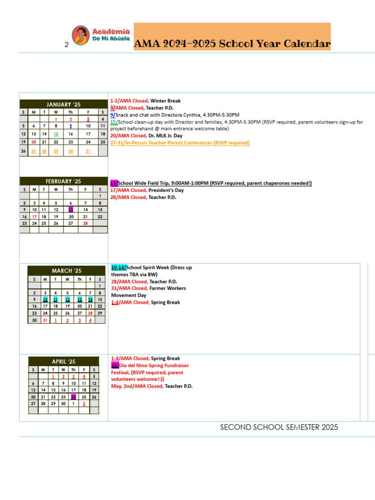 2024 2025 School Year Calendar - Second Semester | PDF
