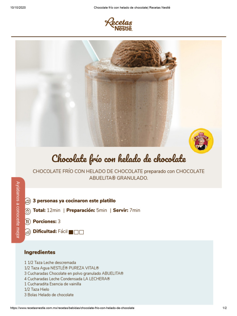 Chocolate frío con helado de chocolate_ Recetas Nestlé | PDF ...