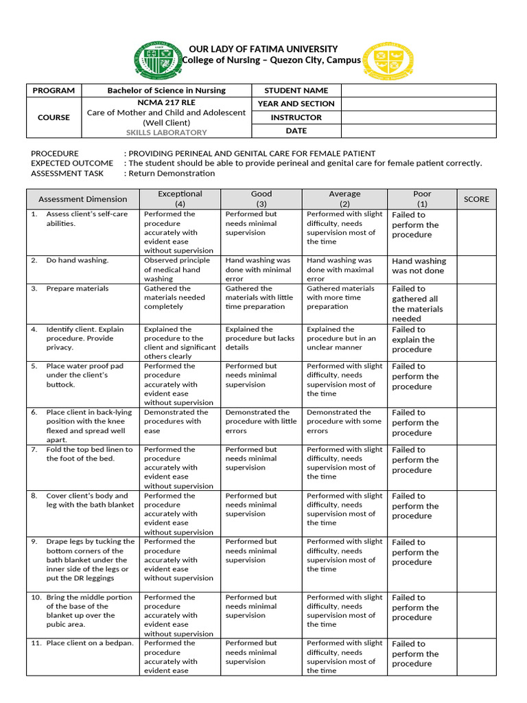 Perineal Care Skills Assessment Guide | PDF | Labia