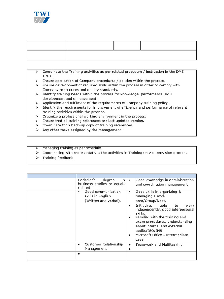 JR100505 Job Description Regional Training Coordinator | PDF | Skill | Cognition