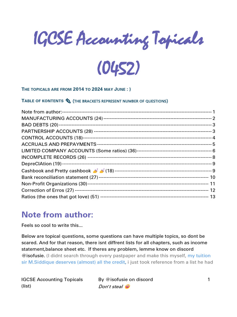 IGCSE Accounting Topical Questions List | PDF | Financial Accounting ...