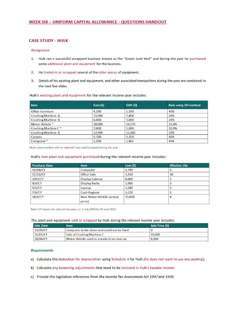 Week 6 Handout - Uniform Capital Allowances | PDF | Depreciation | Taxes