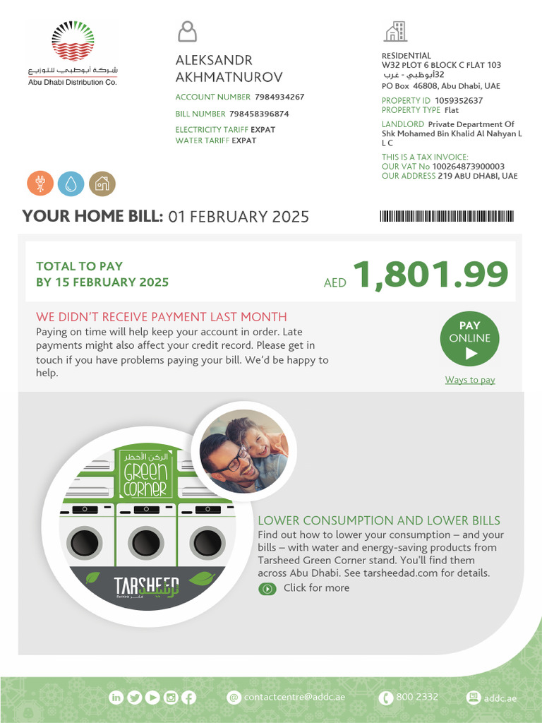 Abu Dhabi Residential Utility Bill 2025 | PDF | Value Added Tax ...