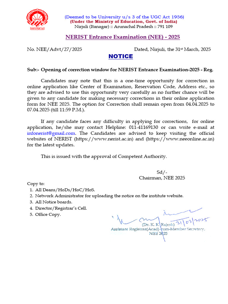 Opening of correction Window for NEE_2025 | PDF