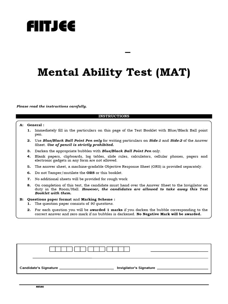 FIITJEE Internal Mental Ability Test | PDF | Kinship And Descent | Family