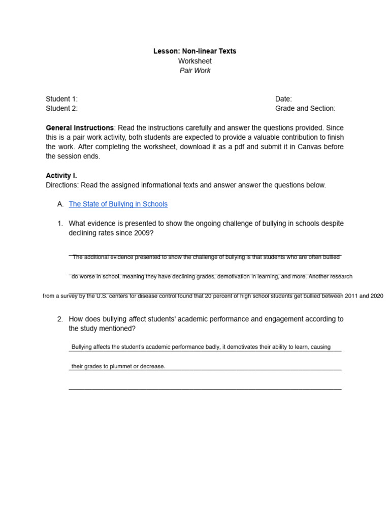 (Worksheet 3) Non-Linear Texts | PDF | Bullying | Learning