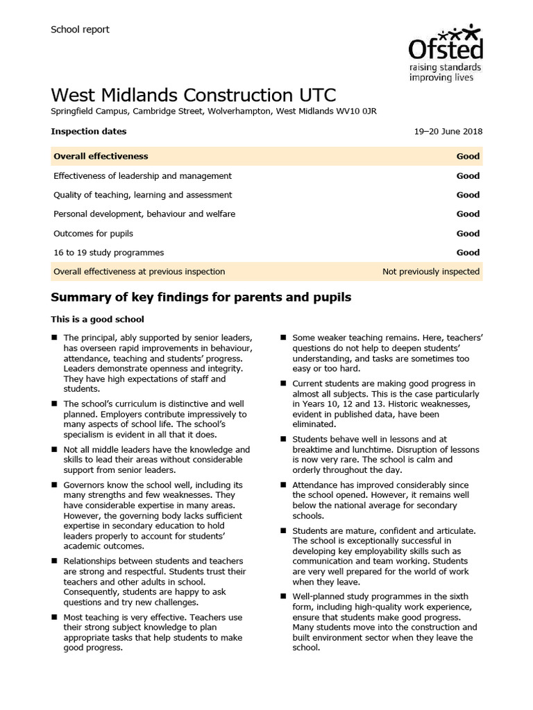 West Midlands UTC Inspection Report 2018 | PDF | Teachers | Schools