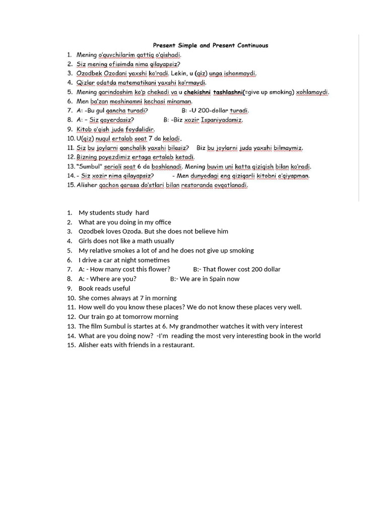 Homework Use Present Simple and Present Continuous | PDF