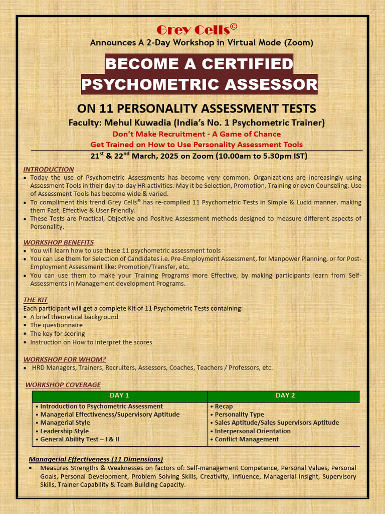 Certified Psychometric Assessor Workshop | PDF | Leadership | Sales