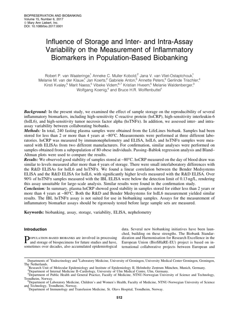 Influence of Storage and Inter and Intra Assay Variability On The Measurement of Inflammatory ...