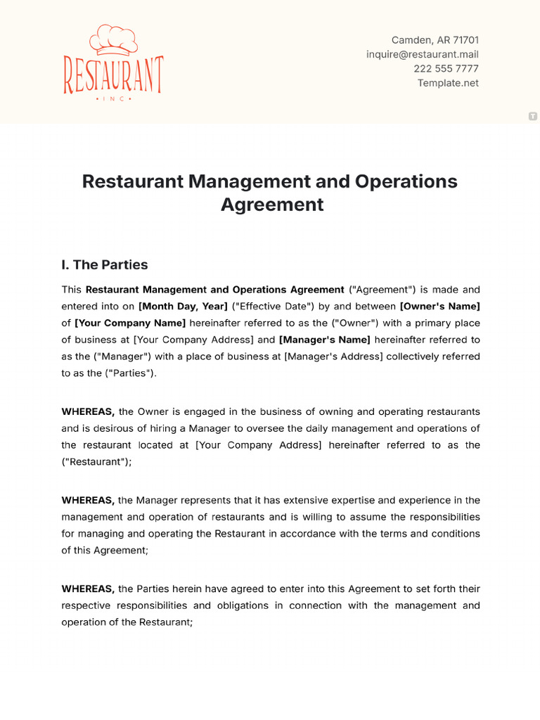 Free Restaurant Management and Operations Agreement Template | PDF