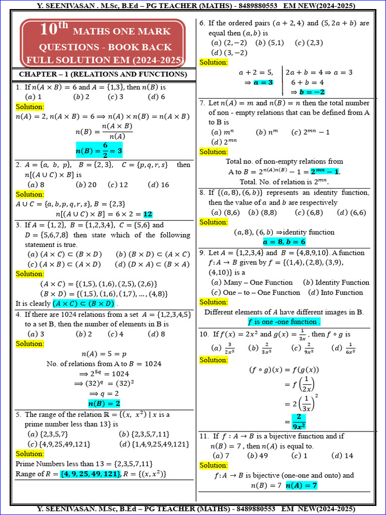 10th Maths EM 1 Mark Questions With Solutions English Medium PDF Download | PDF | Mathematics ...