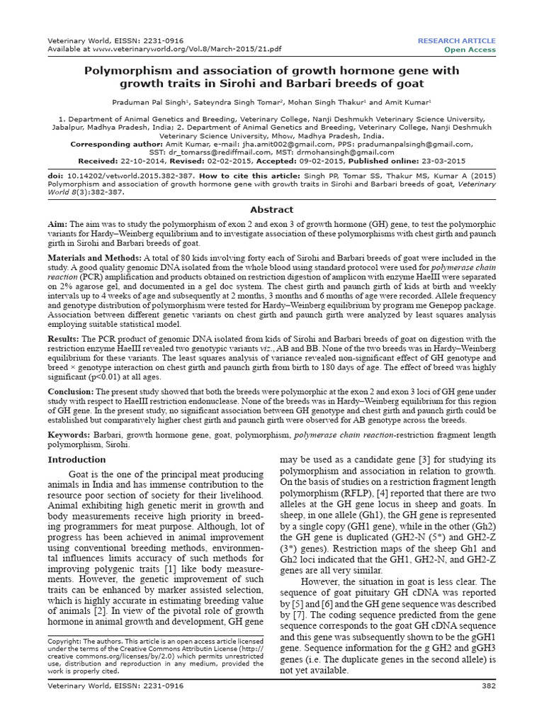 02 Polymorphism and Association of Growth Hormone Gene With Growth Traits in Sirohi and Barbari ...
