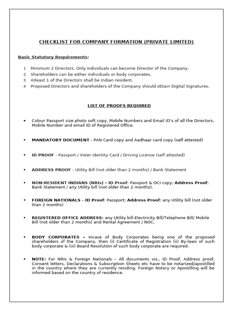 Checklist - Company Formation NBFC | PDF | Business
