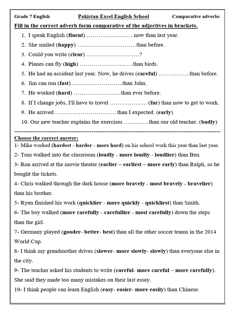 Comparative Adverbs Practice for Grade 7 | PDF