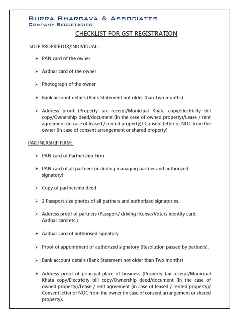Checklist For GST Registration | PDF
