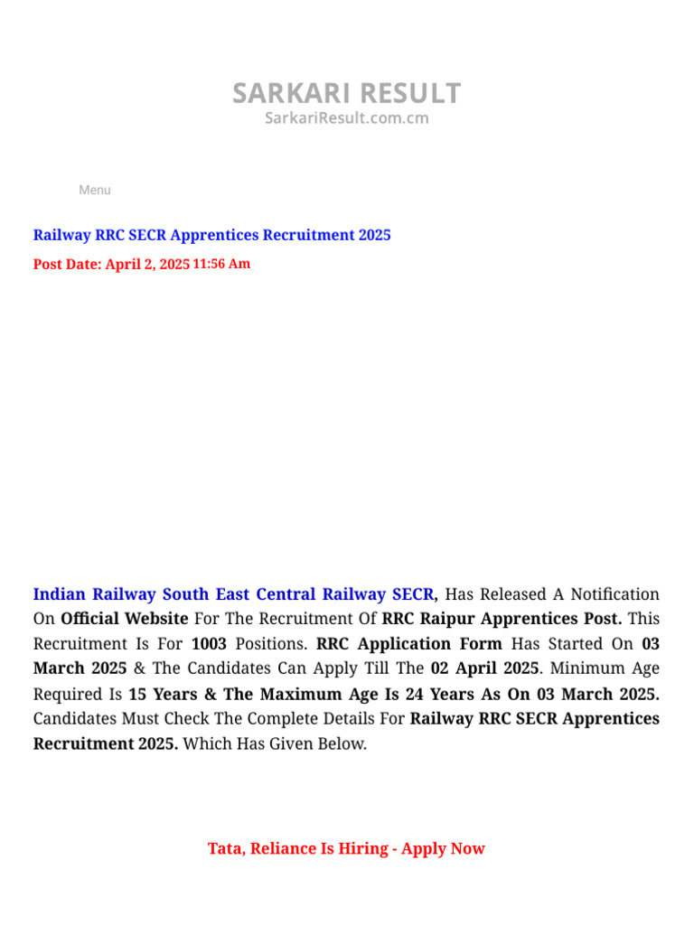 Railway RRC SECR Apprentices Online Form 2025 Apply Online For 835 Post | PDF | Apprenticeship ...
