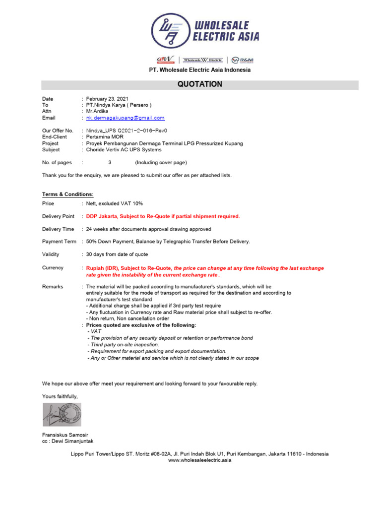 Quotation Chloride AC UPS Systems - LPG Kupang Project | PDF ...