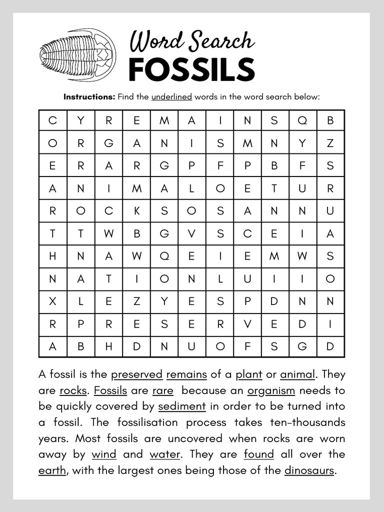 Fossil Word Search Science Worksheet in Greyscale Clean Style | PDF