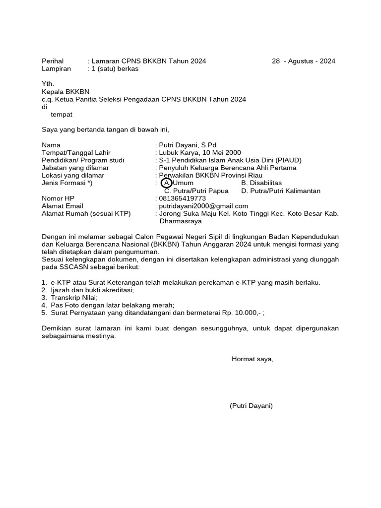 Putri Lampiran III - Surat Lamaran & Surat Pernyataan | PDF
