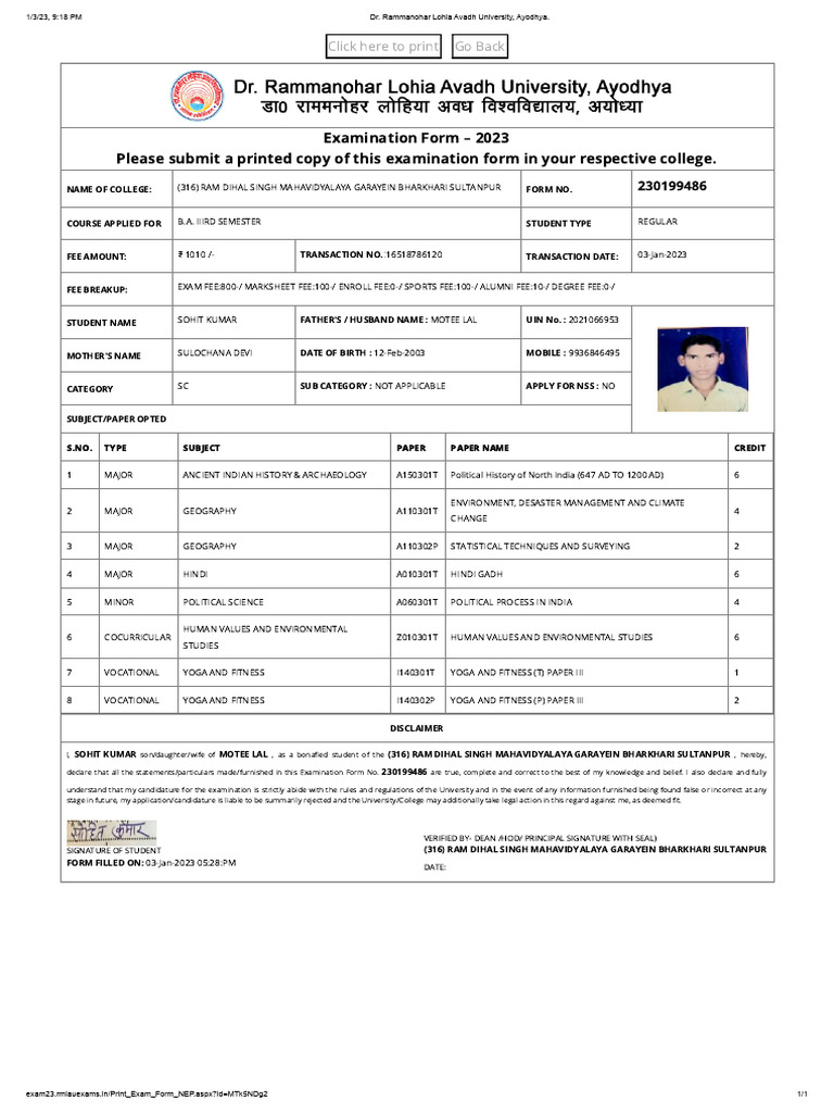 Examination Form for B.A. III Semester | PDF