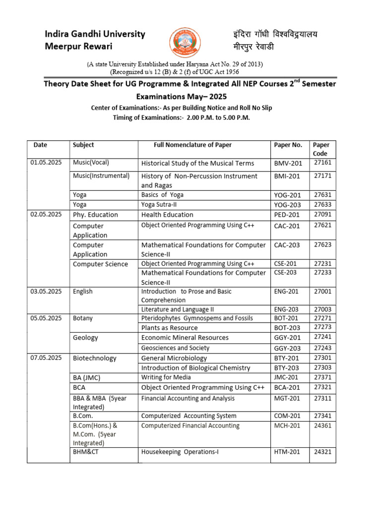 Theory Date Sheet For UG Programme & Integrated All NEP Courses 2nd ...