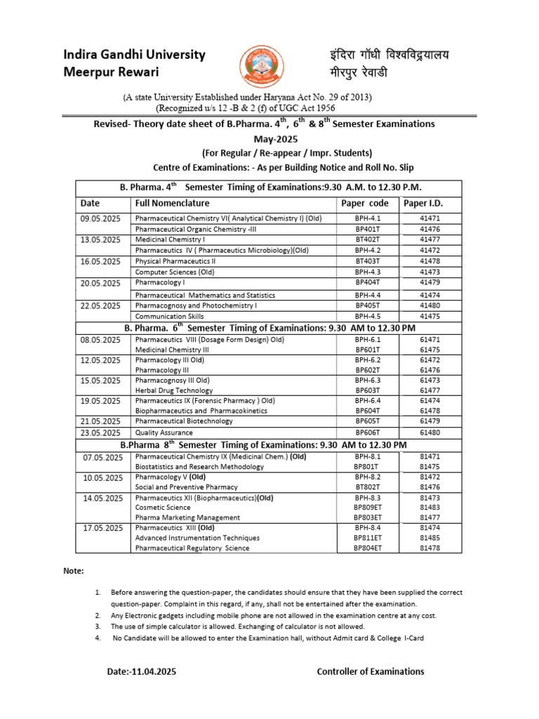Revised - Theory Date Sheet of B.Pharma. 4th, 6th & 8th Semester Examinations May 2025 | PDF ...
