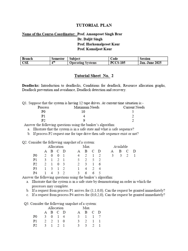 Tutorial Sheet 2 Deadlocks | PDF | Applied Mathematics | Algorithms