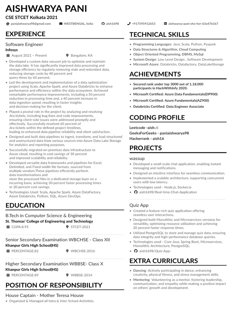 Aishwarya Pani Software Developer Resume | PDF | Apache Spark | Microsoft Azure