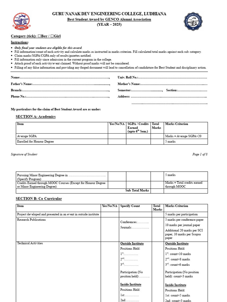 Performa For Best Student Award (Boy & Girl) | PDF