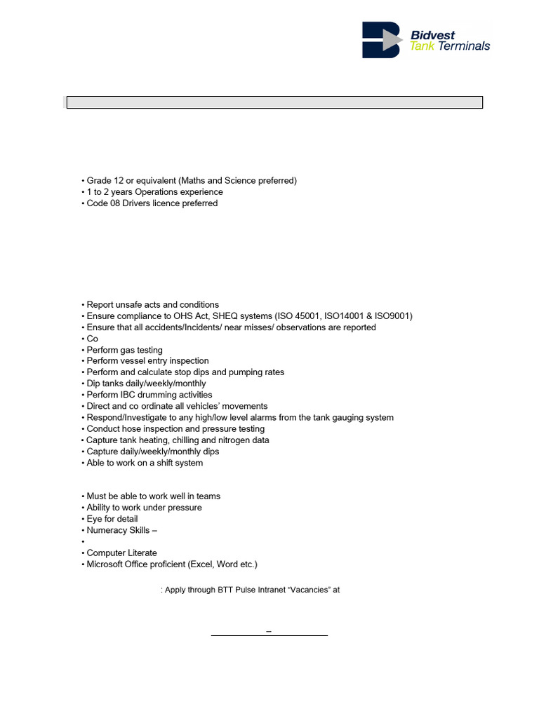 Operator Vacancy at Bidvest Tank Terminals | PDF