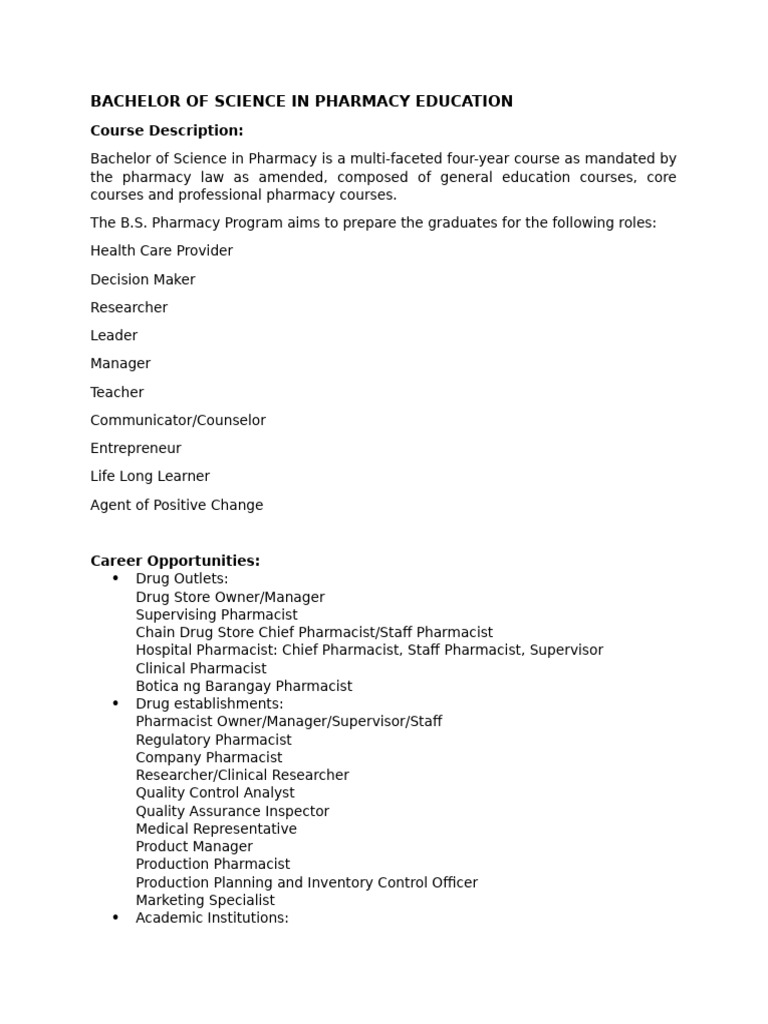 Course Description - PHARMACY | PDF | Pharmacy | Pharmacist