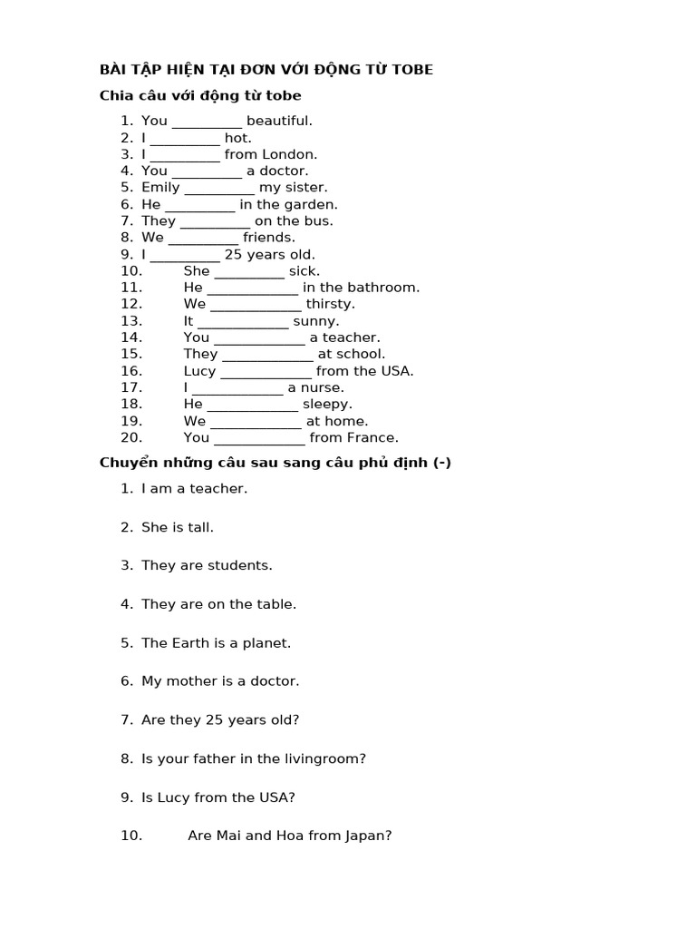 BÀI TẬP HIỆN TẠI ĐƠN VỚI ĐỘNG TỪ TOBE | PDF